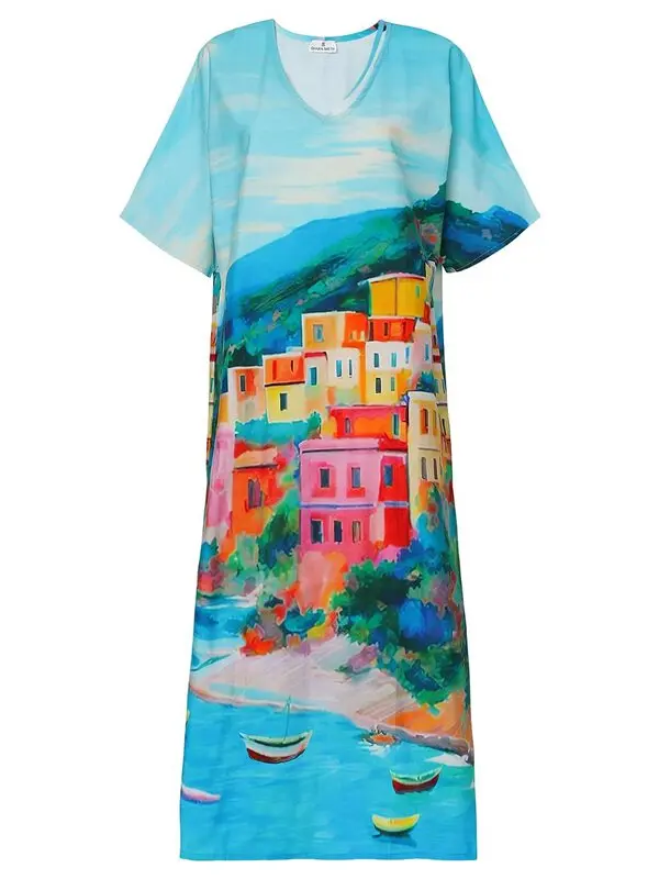 DHARA SHETH, DUBAI Dhara Sheth La Dolce Riviera Cotton Kaftan Maxi Dress - Green/blue