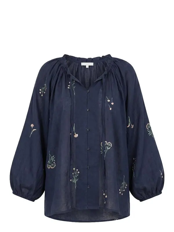 Adrift Clothing Nova Neck Tie Blouse In Seraphine - Blue