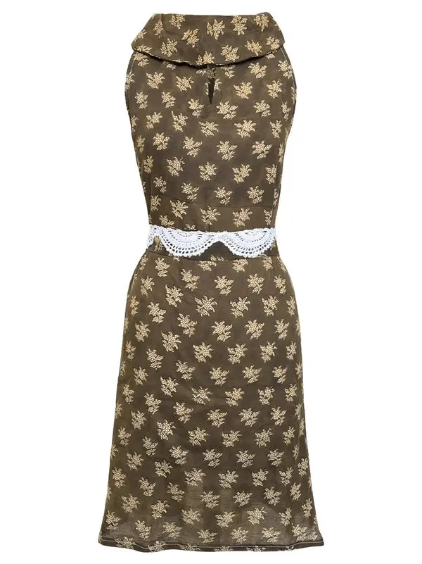 JIWYA Godavari High Neck Dress With Crochet Lace And Floral Print - Green