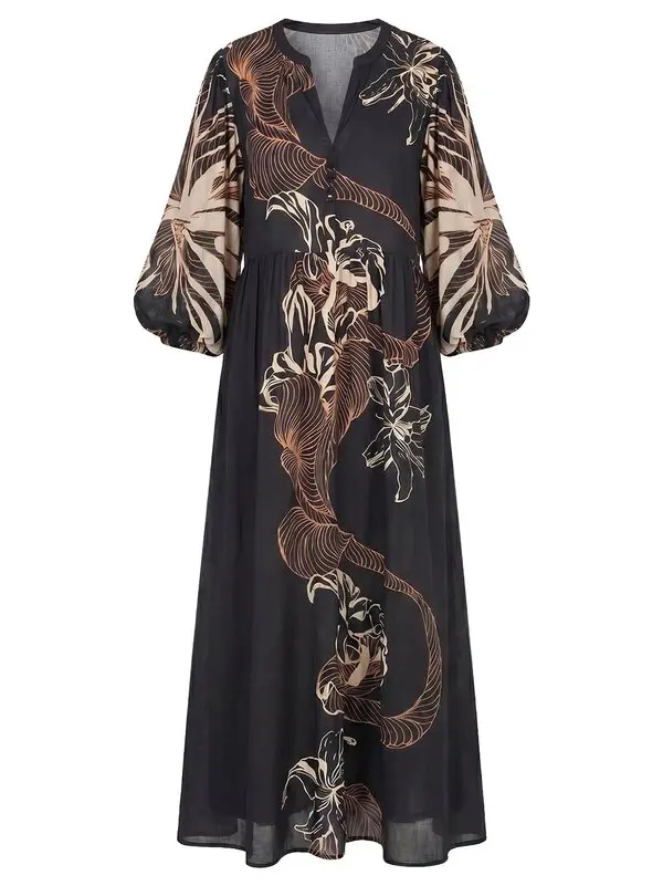 Adrift Clothing Greer Billow Dress In Floral Terrain - Black
