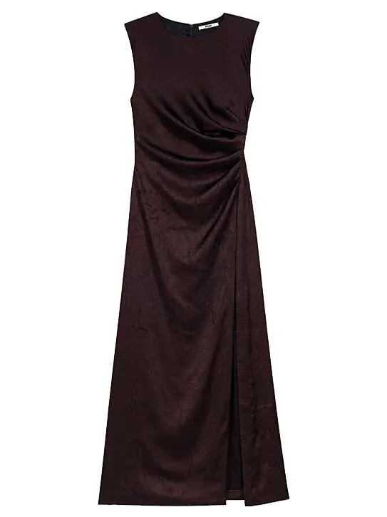 Maje Draped Round-neck Satin-effect Maxi Dress - Brown