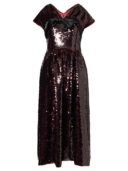 Simone Rocha Gathered-sleeve Sequin-embellished Midi Dress - Deep Red
