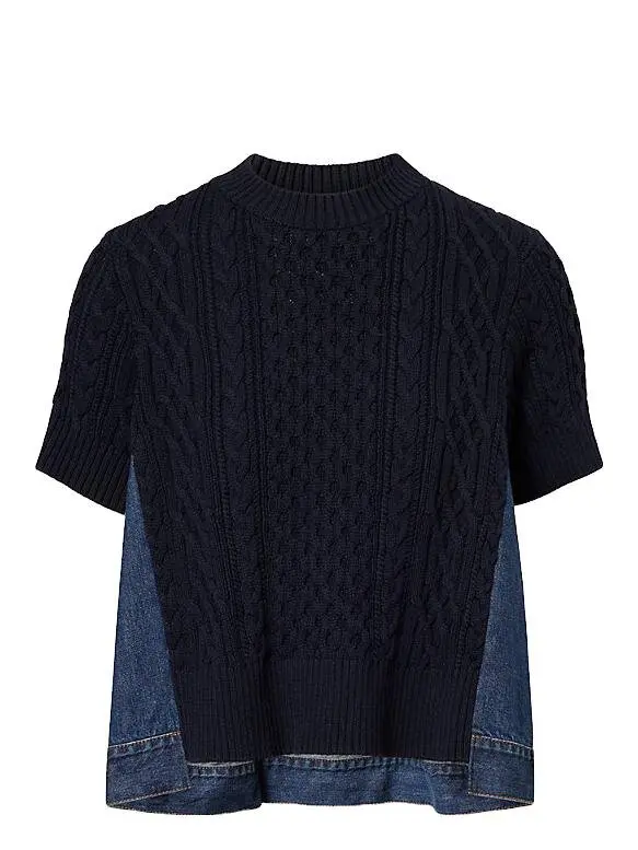 Sacai Short-sleeve Cable Knit Top - Navy