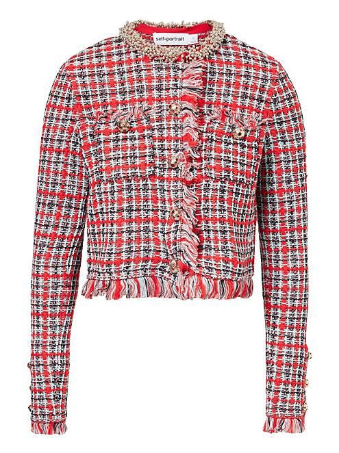 SELF-PORTRAIT Check Frayed Cotton-blend Jacket - Red