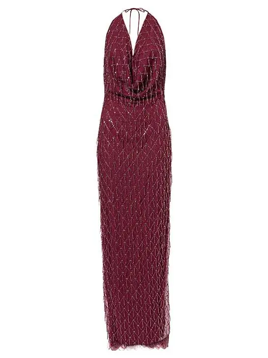 ROTATE BY BIRGER CHRISTENSEN Halterneck Open-back Sequin-embellished Maxi Dress - Winetasting