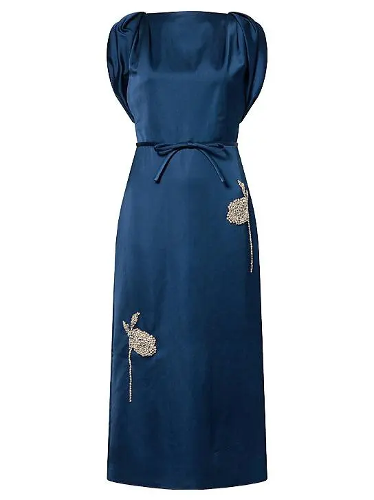 Erdem Floral-embroidered Fitted Satin Midi Dress - Navy