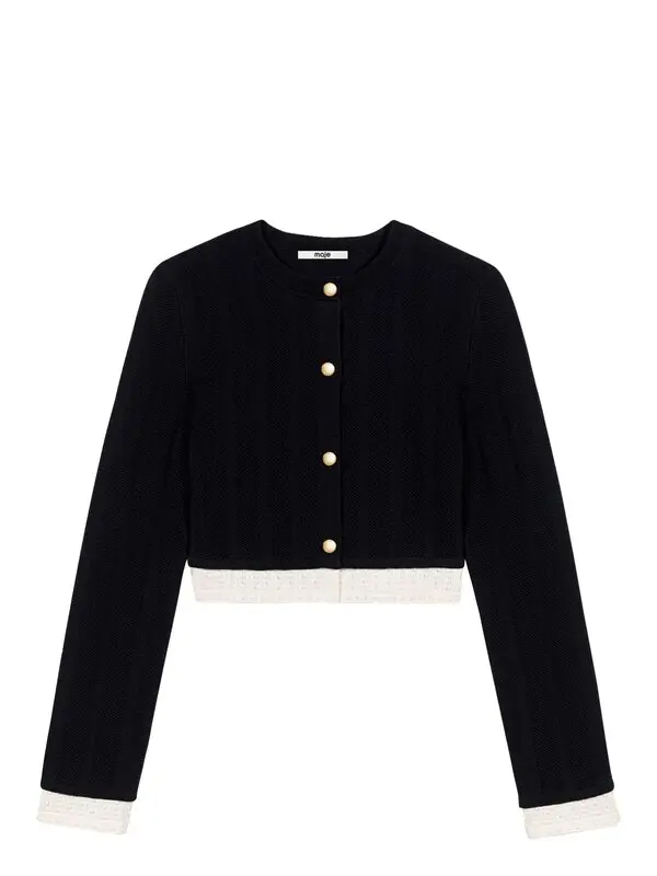 Maje Cropped Cardigan With Gold-tone Buttons And Embroidered Paneling - Black