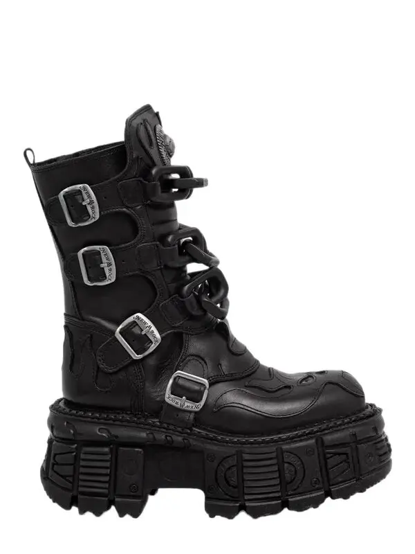 NEW ROCK Metallic Buckle-fastening Platform Boots - Black