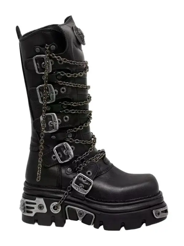 NEW ROCK Chain-embellished Buckle-fastening Boots - Black