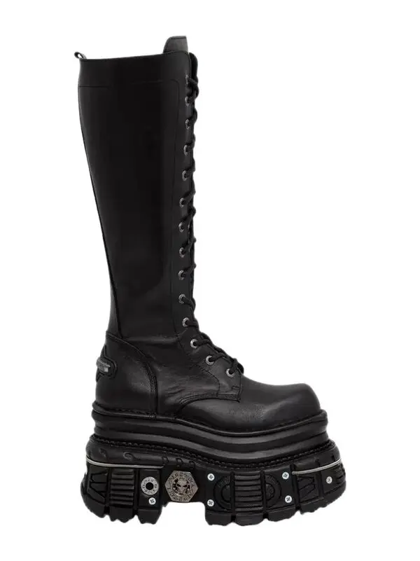NEW ROCK Knee-length Platform Lace-up Boots - Black