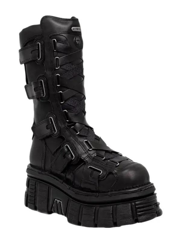NEW ROCK Matte Leather Buckle-strap Platform Boots - Black