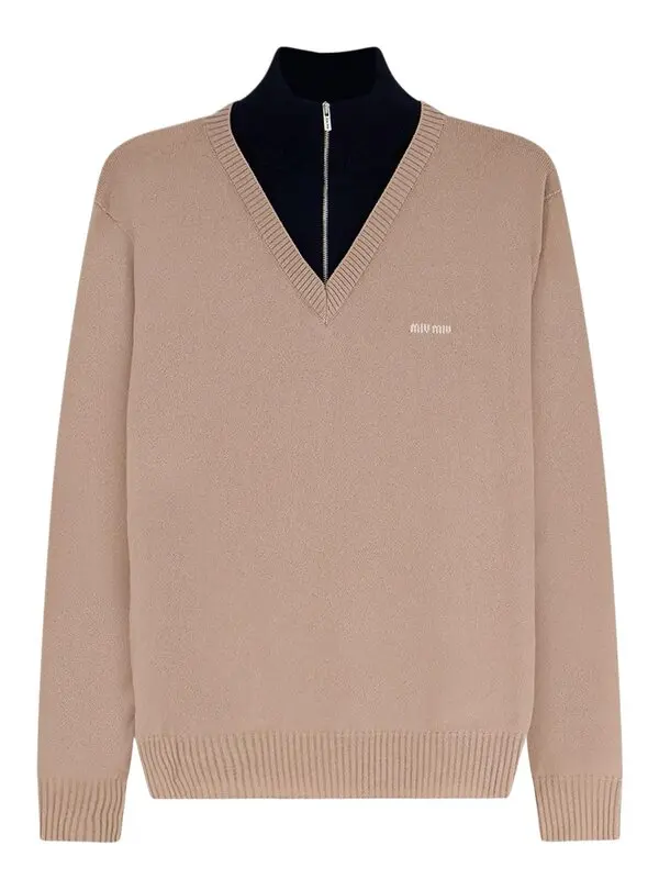 Miu Miu Cashmere Sweater With Logo Inlay - Beige