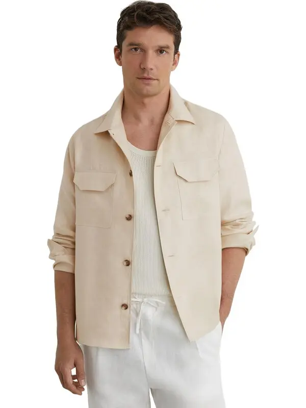 REISS Linen Herringbone-stripe Regular-fit Shirt - Stone