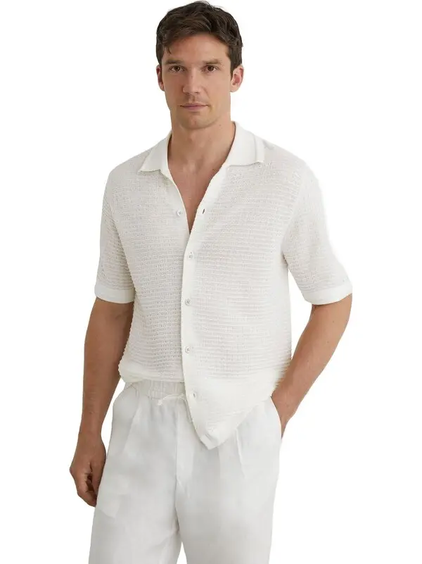 REISS Textured-knit Button-through Shirt - White