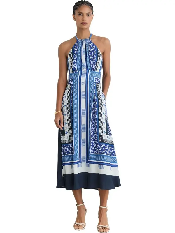 REISS Joselyn Scarf-print Halterneck Midi Dress - Blue