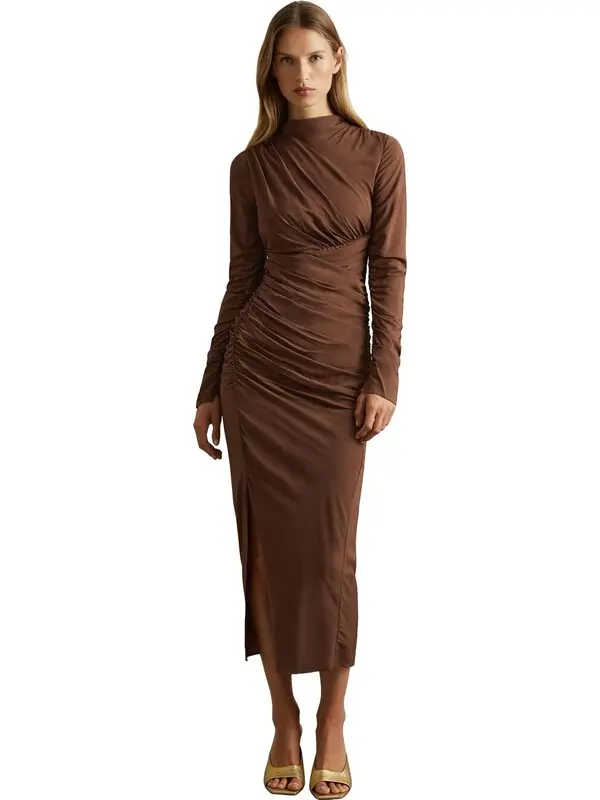 REISS Kelly Ruched Midi Dress - Dark Brown