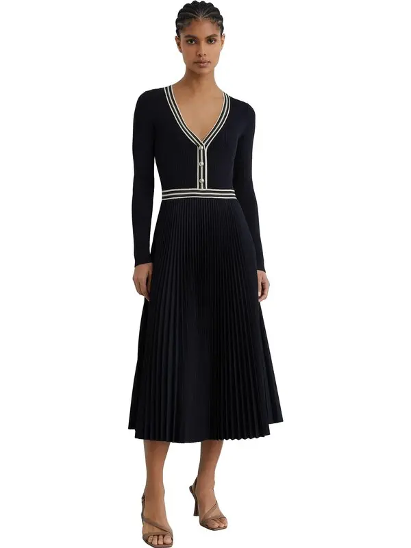 REISS Rib-knit Stripe-trim Pleated Midi Dress - Navy