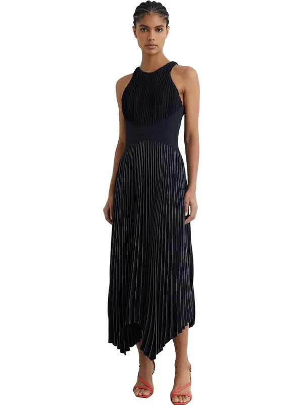 REISS Pleated Sleeveless Midi Dress - Navy