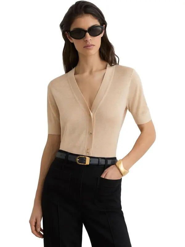 REISS V-neck Short-sleeve Cardigan - Neutral
