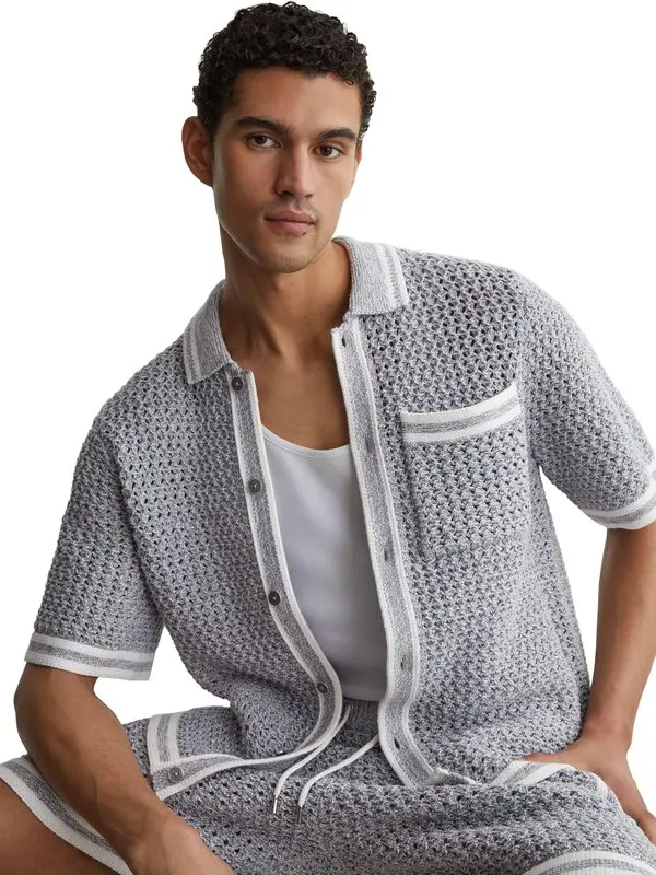 REISS Cotton Crochet Button-through Shirt - Soft Blue