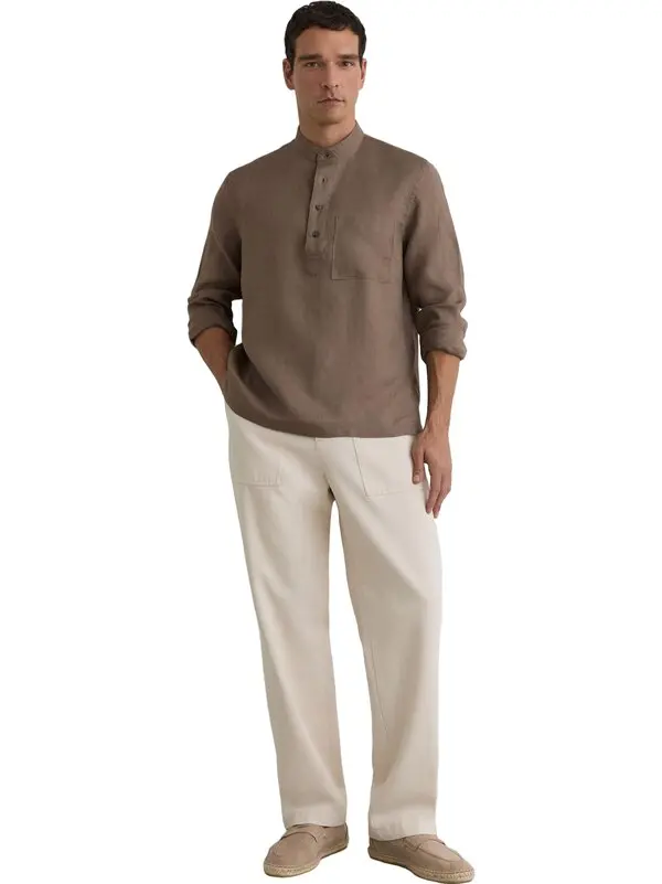 REISS Linen Grandad-collar Half-button Shirt Regular-fit - Soft Brown