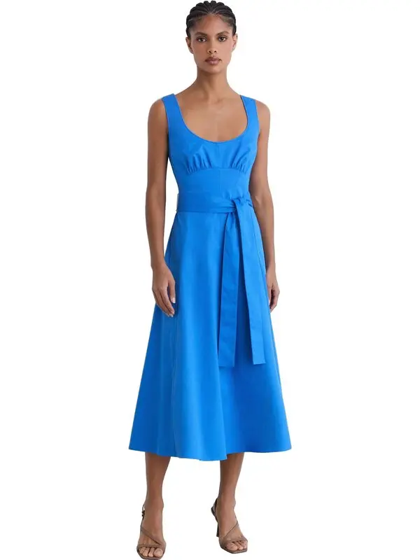 REISS Cotton Belted Midi Dress With Stretch - Blue