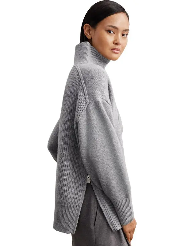 REISS Wool Zip Detail Funnel Neck Jumper - Grey