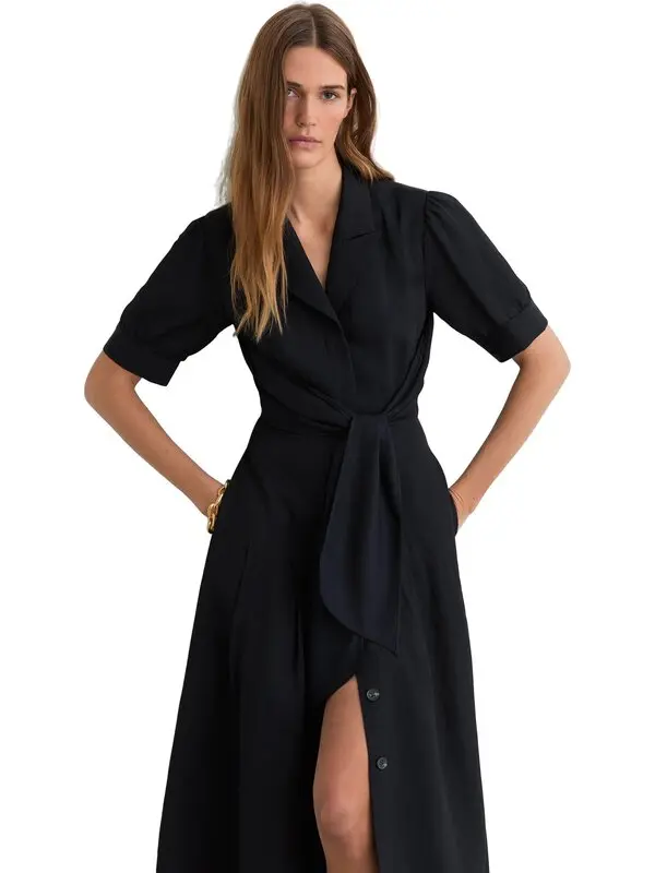 REISS Short-sleeve Belted Midi Dress With Linen - Navy