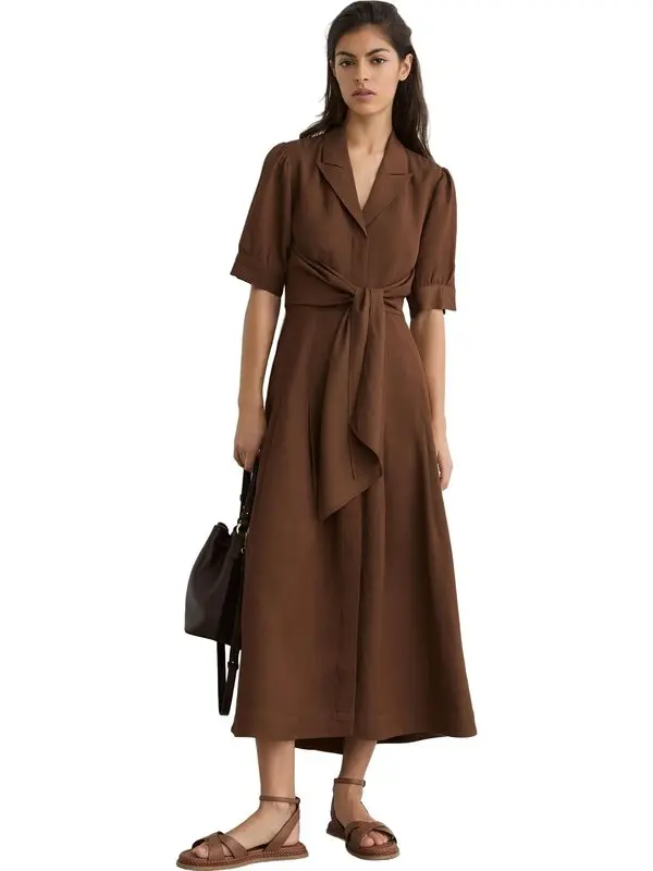 REISS Short-sleeve Belted Midi Dress With Linen - Rust Orange