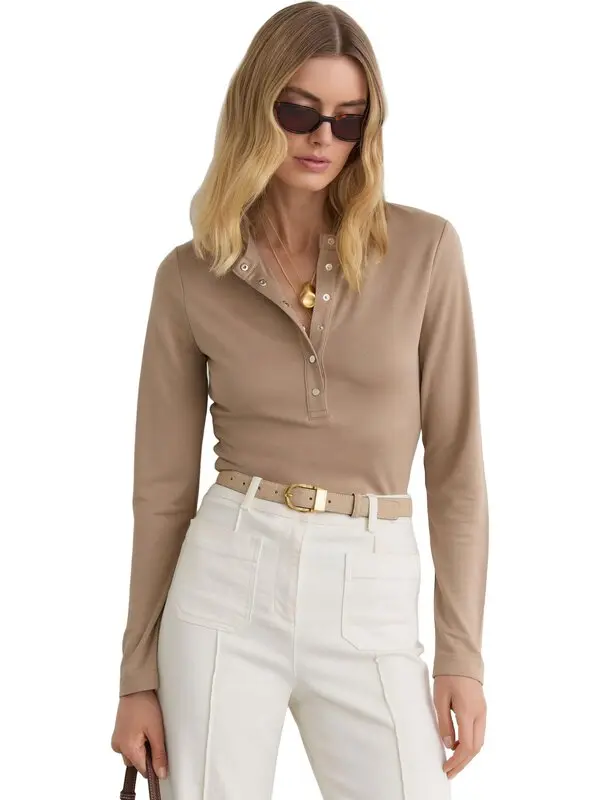 REISS Jersey Long-sleeve Henley Top - Camel