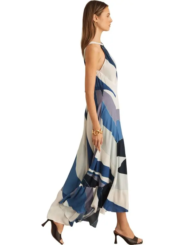 REISS Blue & White Striped V Back Midi Dress - Blue/white