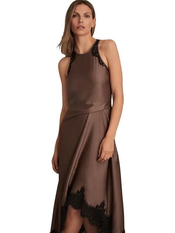 REISS Blue & Black Satin Lace Trim Petite Drape Midi Dress - Brown/black