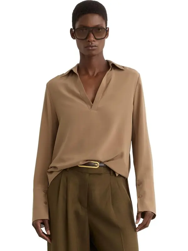 REISS Matte Silk Open Collar Blouse - Camel