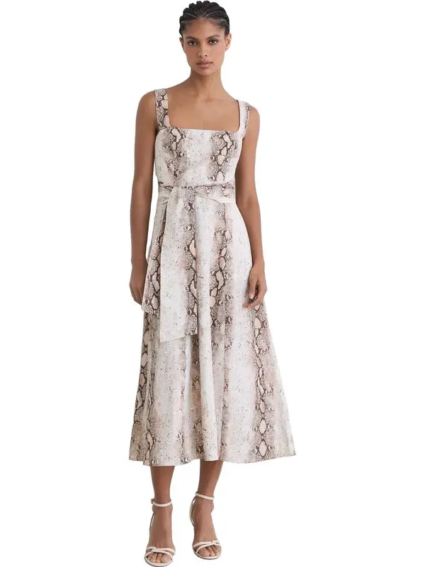 REISS Linen-blend Snake-print Midi Dress - Neutral
