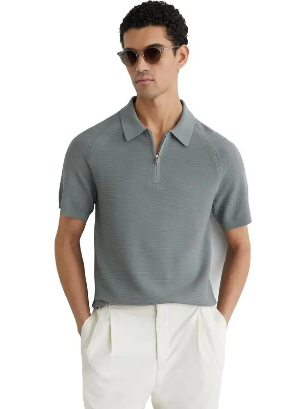 REISS Textured-knit Half-zip Polo Shirt - Sage