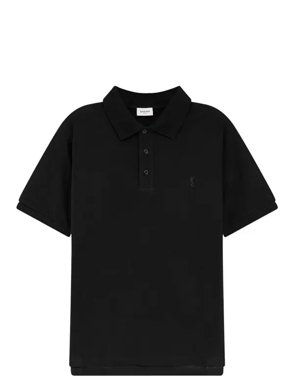 Saint Laurent Piqué Cotton Polo Shirt With Cassandre Embroidery - Black