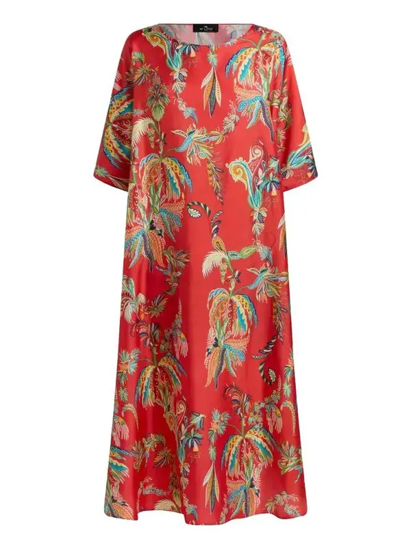 Etro Long Tunic Dress In Silk Twill With Paisley Foliage Motif - Red