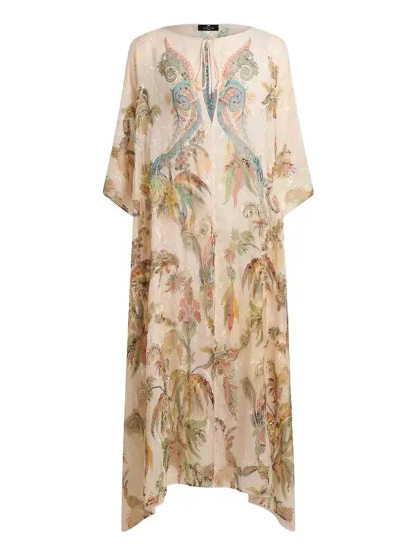 Etro Crepon Kaftan With Embroidery And Paisley Foliage Motif - Neutrals