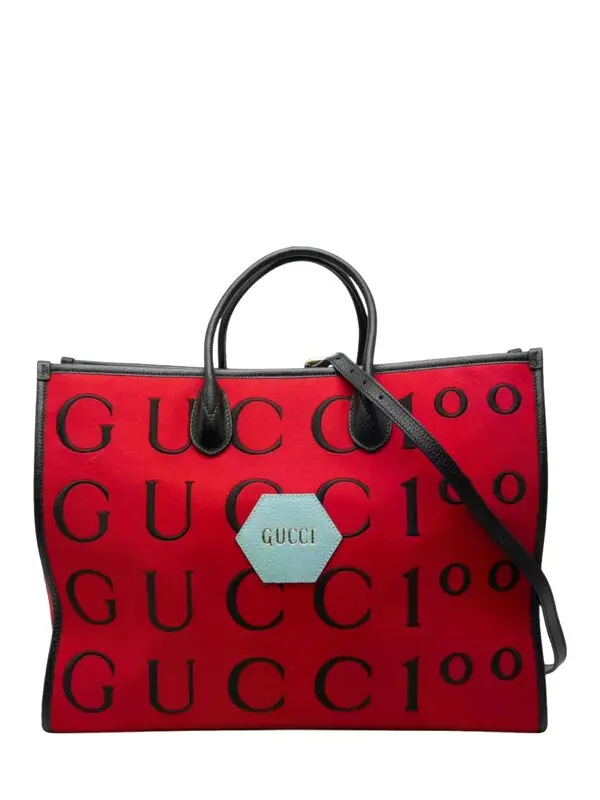 Gucci 2016-2026 100th Anniversary Calfskin Trimmed Felt Script Logo Shopping Tote Satchel - Red