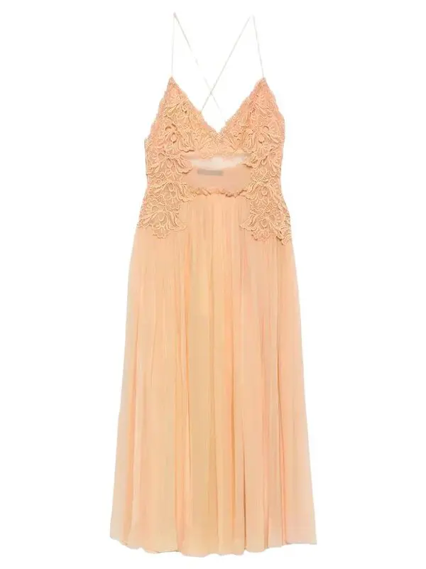 Alberta Ferretti Lace-trimmed Pleated Midi Dress - Neutrals