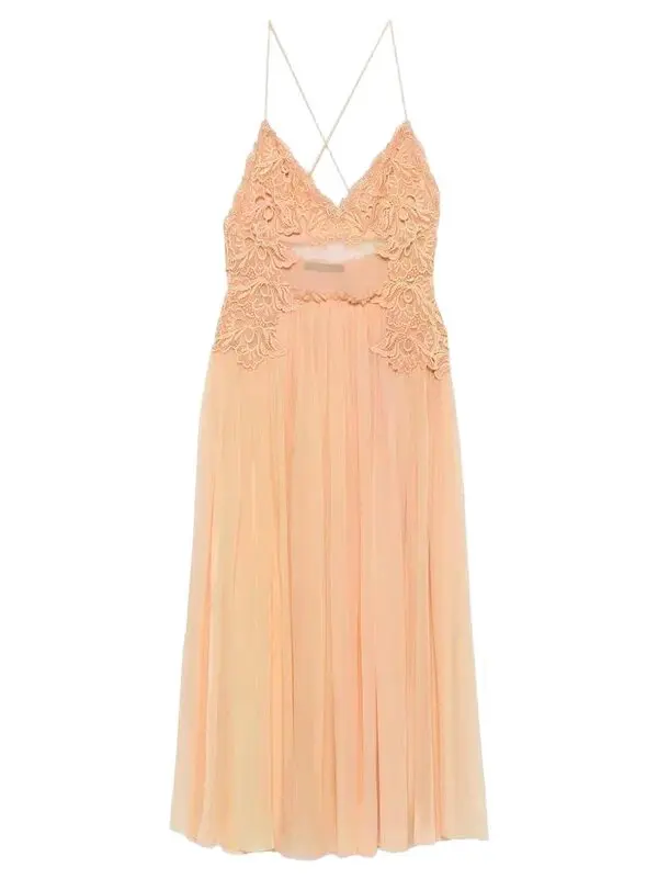 Alberta Ferretti Lace-trimmed Pleated Midi Dress - Neutrals