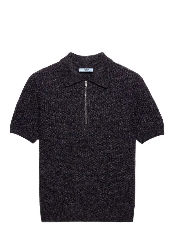 Prada Short-sleeved Wool And Mouliné Cashmere Polo Sweater - Dark Brown/slate