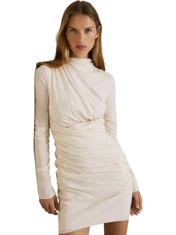 REISS Kitty Ruched High Neck Mini Dress - Light Pink