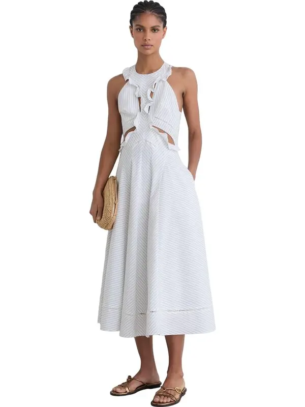 REISS Striped Ruffle-trim Midi Dress - White/grey