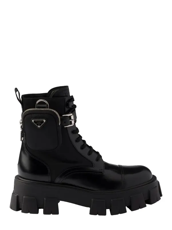 Prada Leather & Re-nylon Monolith Combat Boots - Black