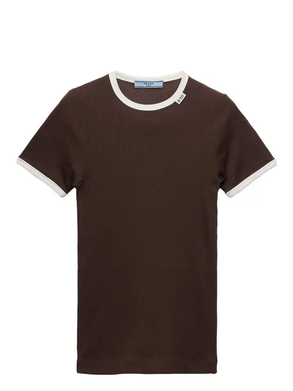 Prada Contrast-trim Ribbed T-shirt - Brown