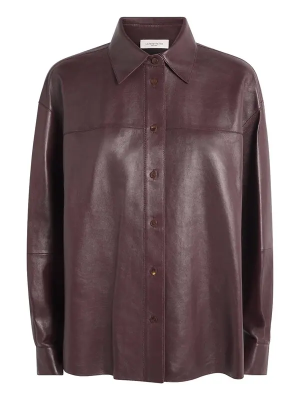 Lafayette 148 New York Leather Oversized Cropped Shirt - Burgundy