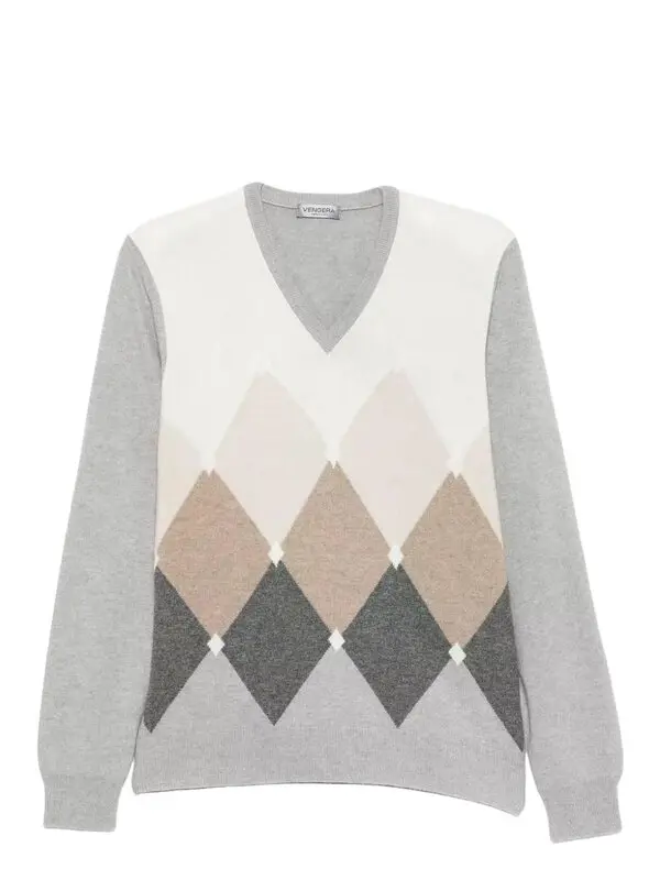 VENGERA Argyle V-neck Sweater - Grey