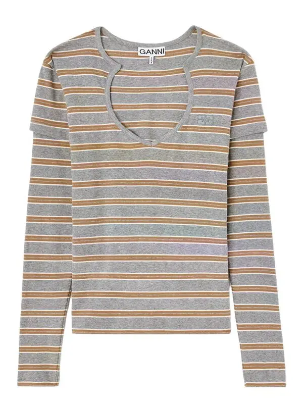 GANNI Striped Cut-out Top - Grey