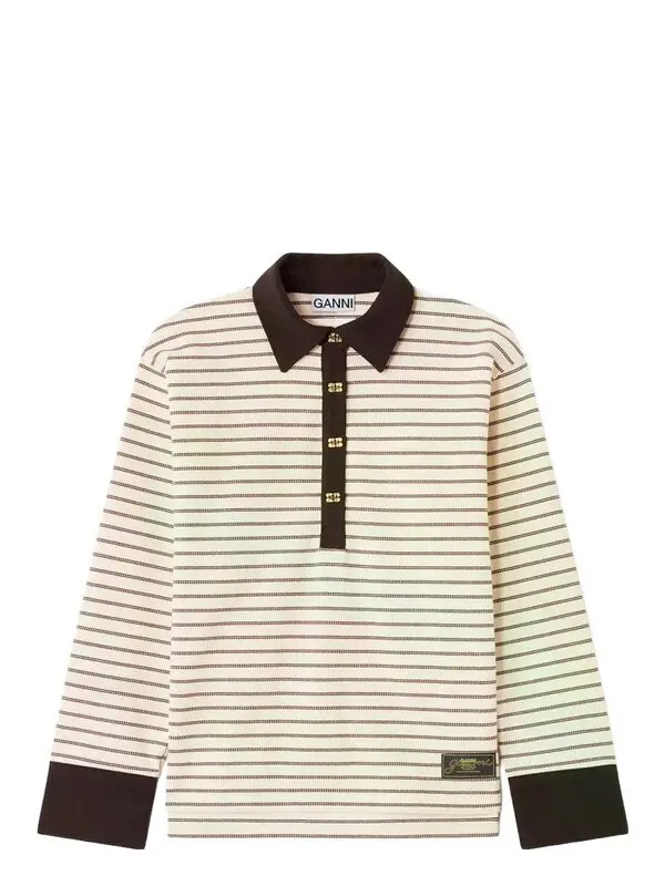 GANNI Polo Shirt In Stripe - Neutrals